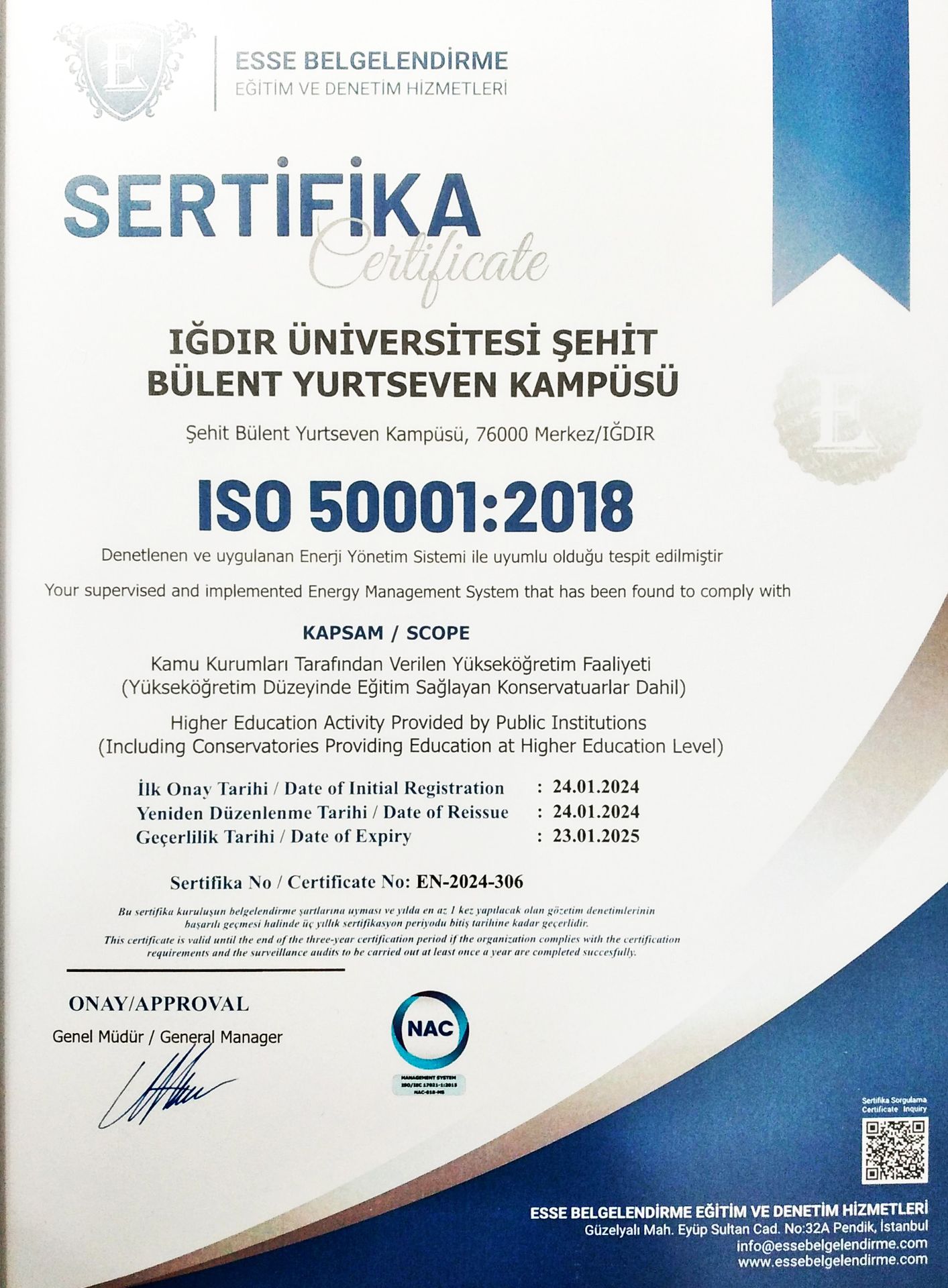 Üniversitemiz ISO 50001 Enerji Yönetim Sistemi Sertifikası Almaya Hak Kazandı! | igdir.edu.tr